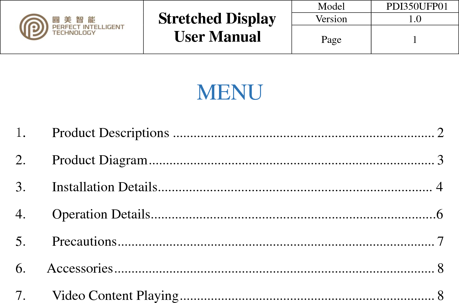 Perfect Intelligent Technology PDI350UFP01 TFT display User Manual