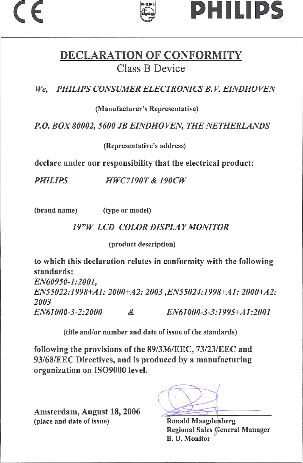 Philips CE Certificates 190cw7cs 00 Cec Aen