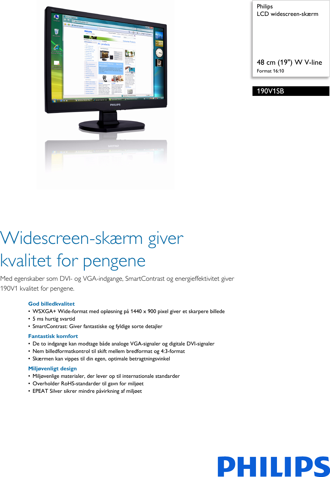 Philips 190V1SB/00 LCD Widescreen skærm skÃ¦rm 190v1sb 00 Pss Dandk