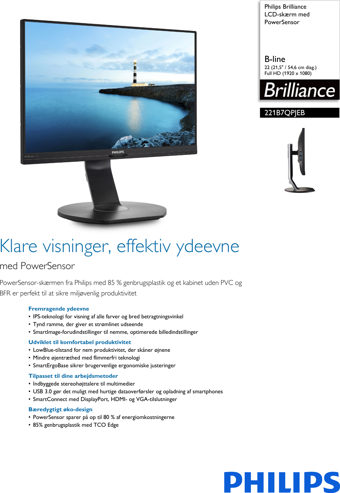 Philips 221B7QPJEB/00 LCD skærm Med PowerSensor skÃ¦rm Power Sensor ...