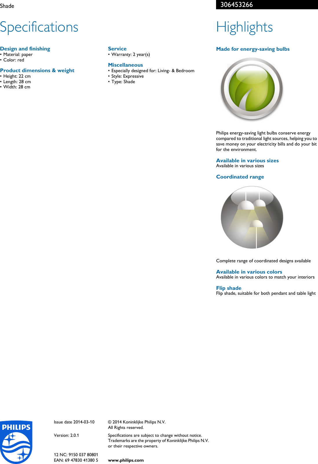 Philips 30645/32/66 306453266 Shade User Manual Leaflet Pss Aenhk