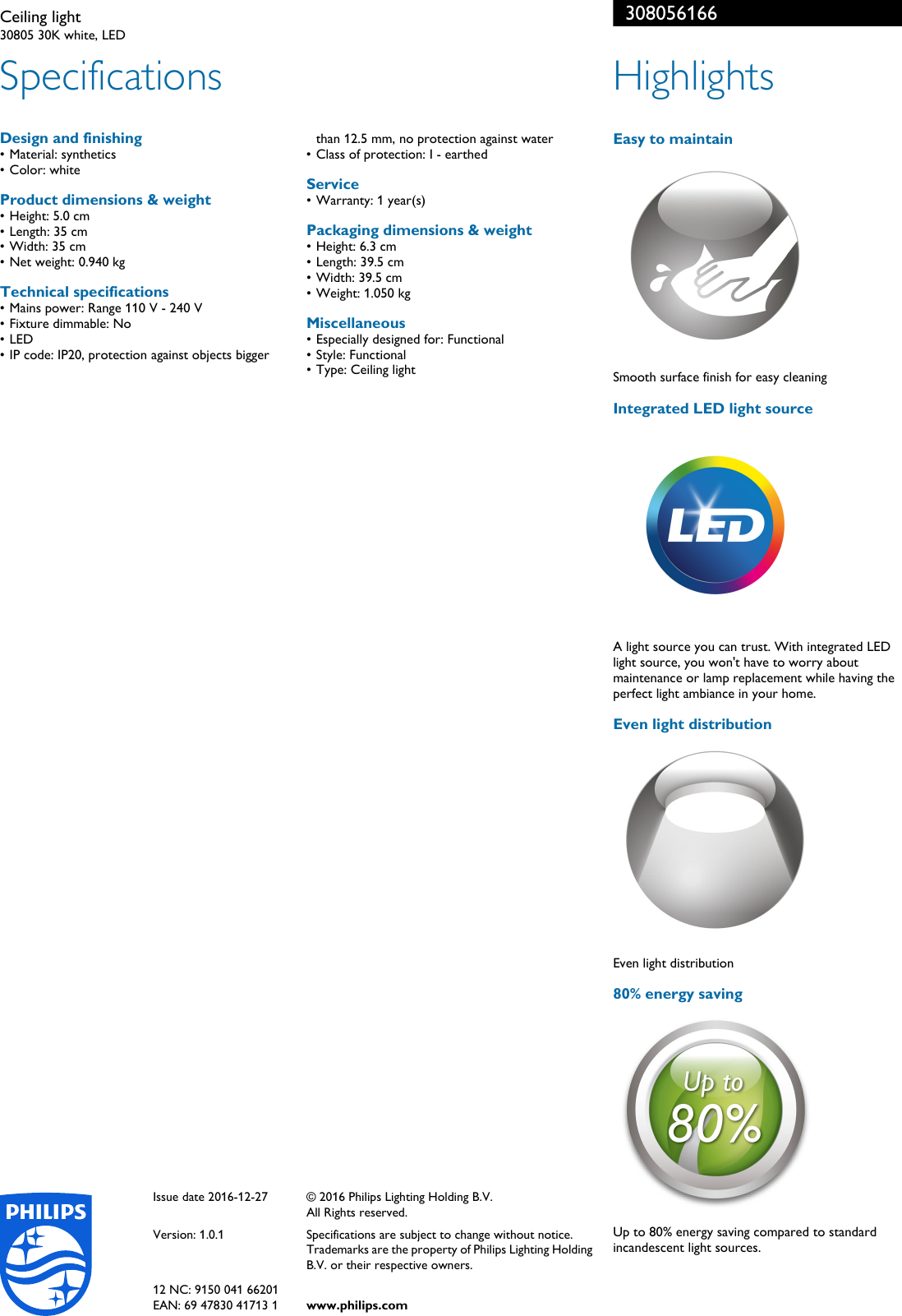 Philips 30805/61/66 308056166 Ceiling Light User Manual Leaflet Pss