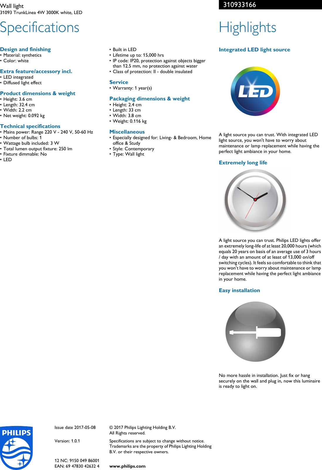 Philips 31093/31/66 310933166 Wall Light User Manual Leaflet Pss Engsg