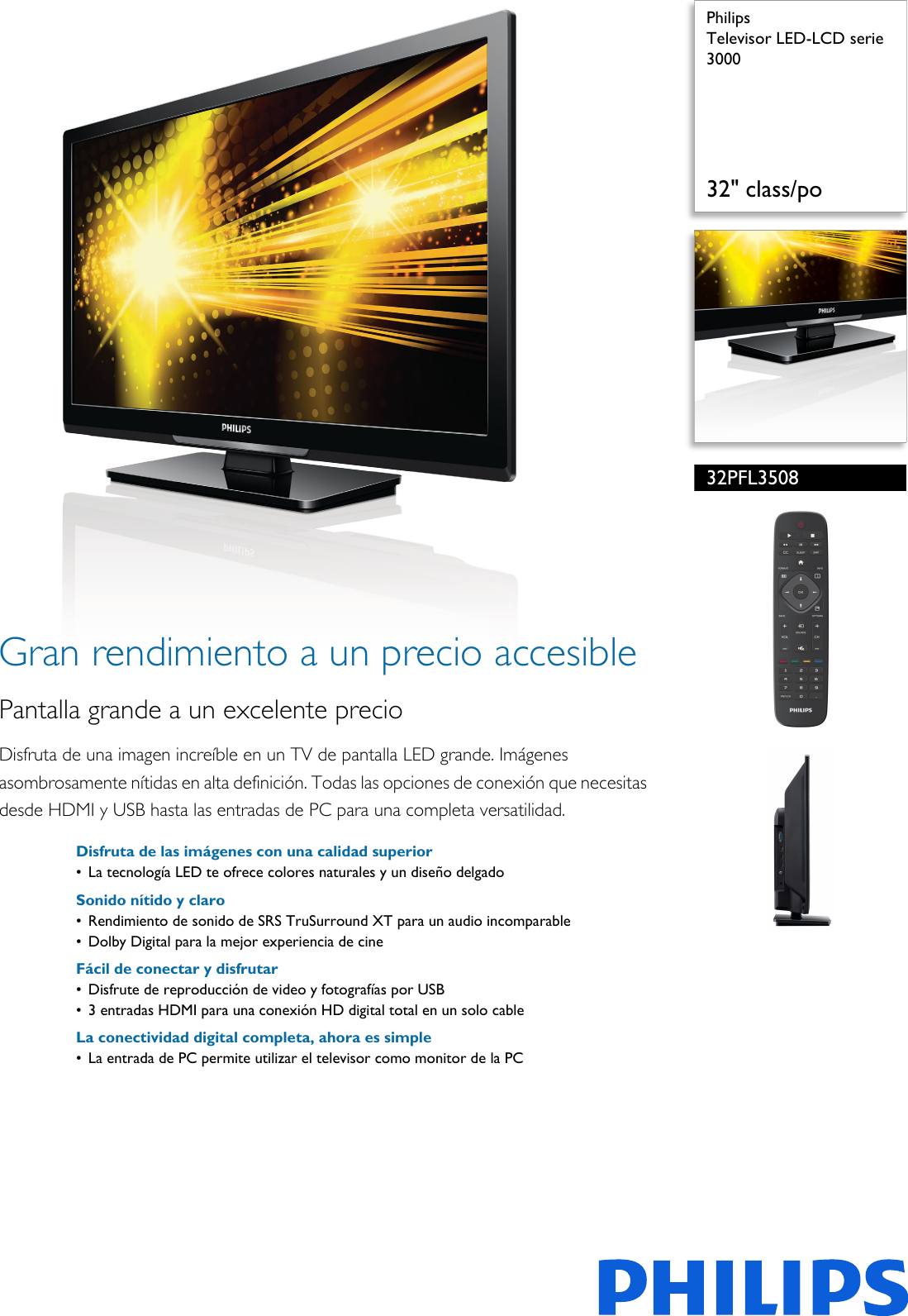 Philips 32PFL3508/F8 Televisor LED LCD Serie 3000 32pfl3508 F8 Pss Lspmx