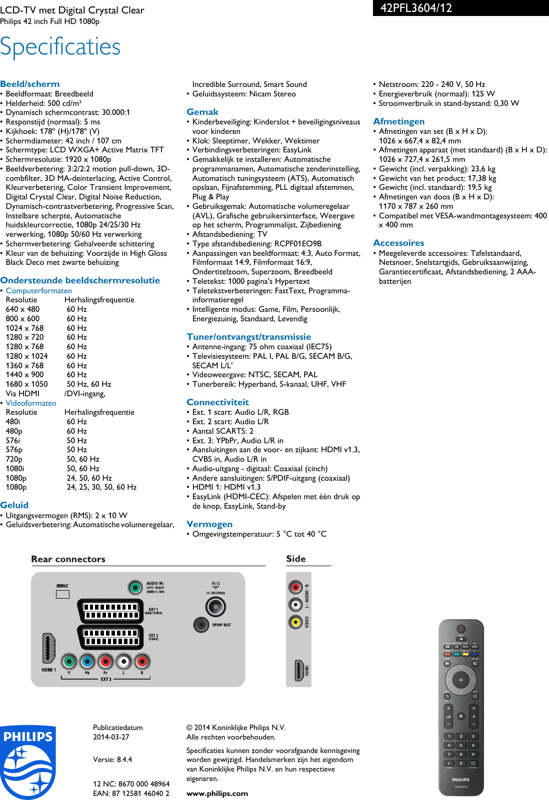 Philips 42PFL3604/12 Leaflet 42PFL3604_12 Released Netherlands (Dutch ...