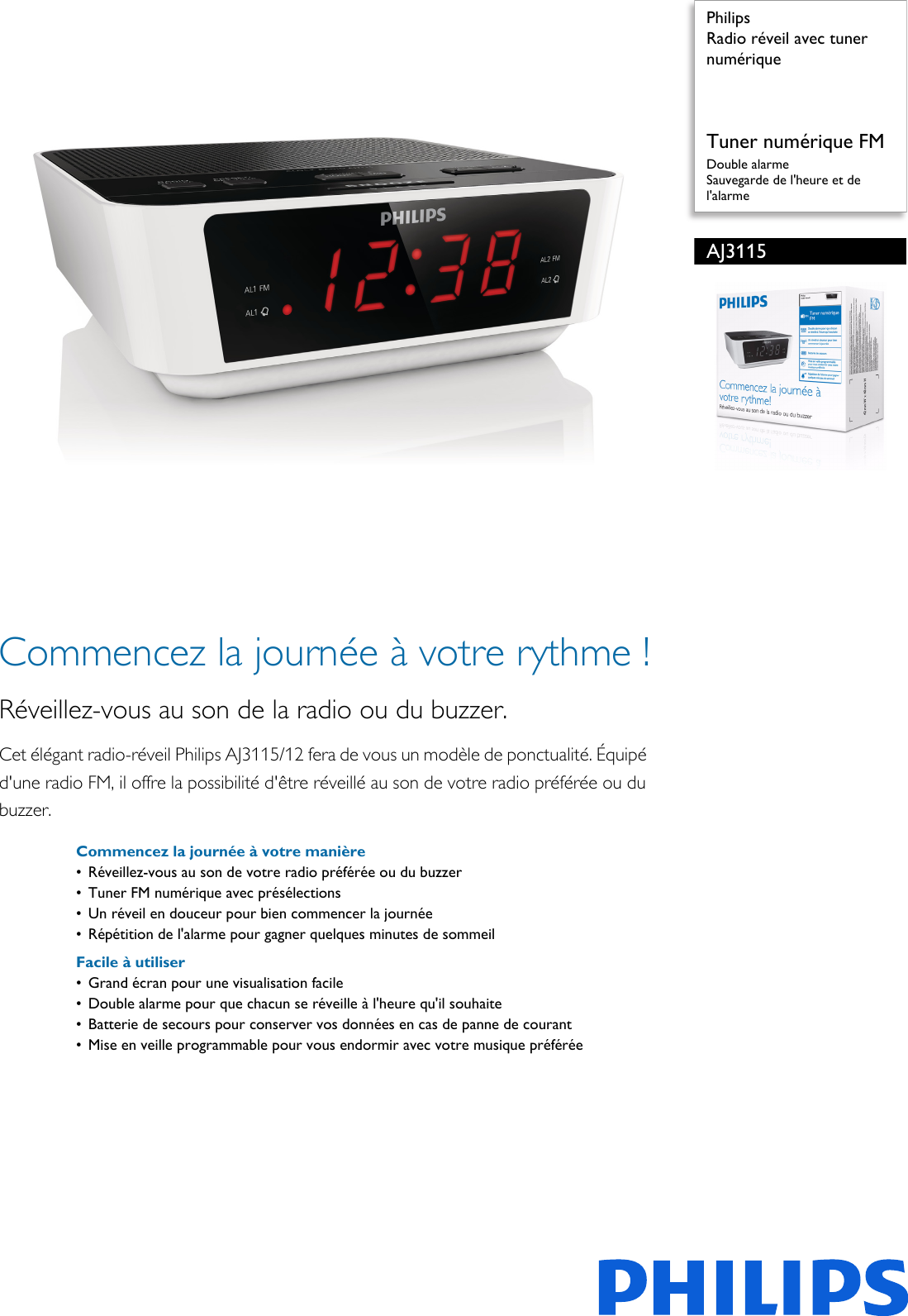 Philips AJ3115/12 Radio Réveil Avec Tuner Numérique User Manual Fiche ...