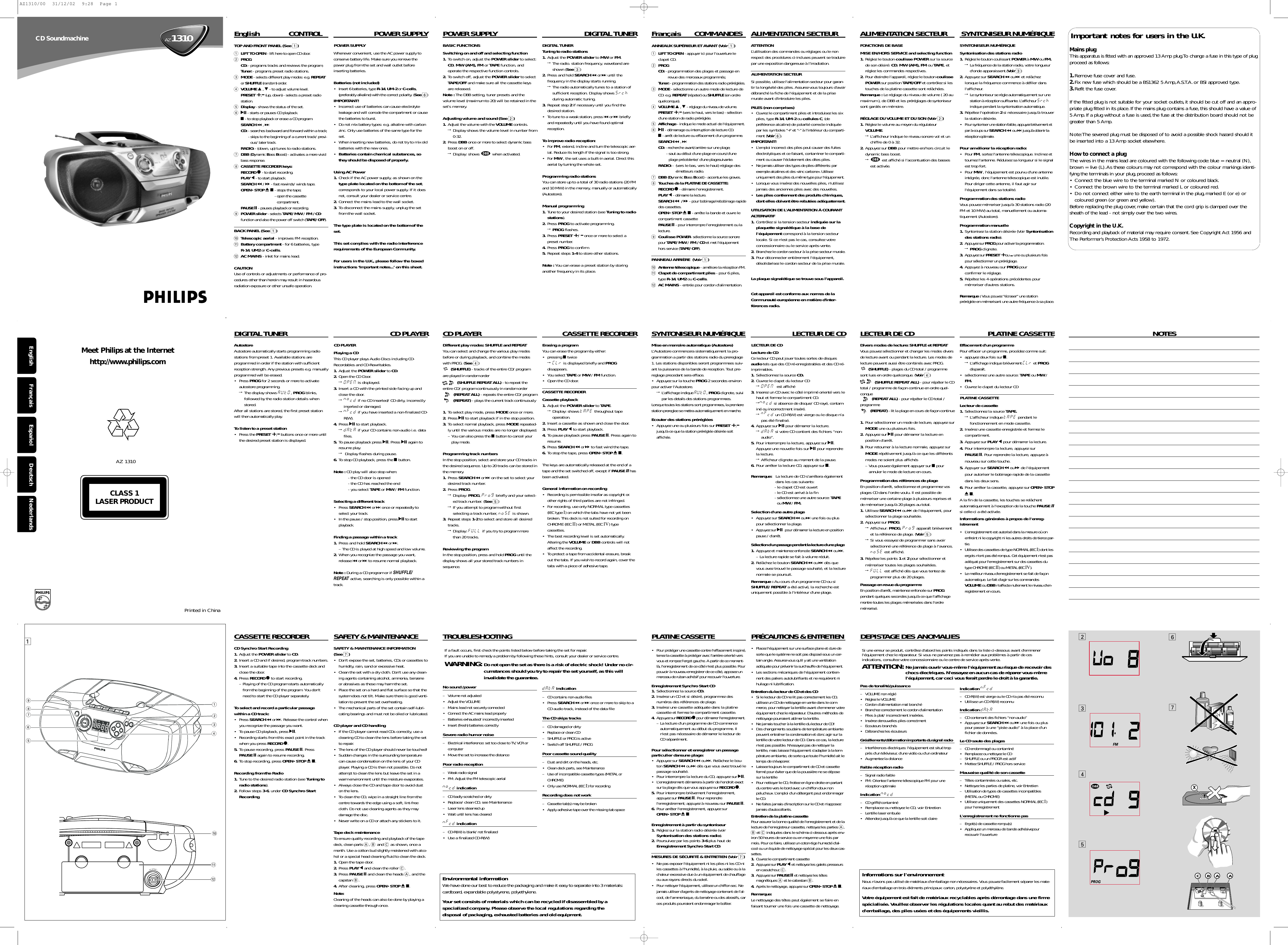 Philips AZ1310/00C User Manual Gebruiksaanwijzing Az1310 00c Dfu Deu