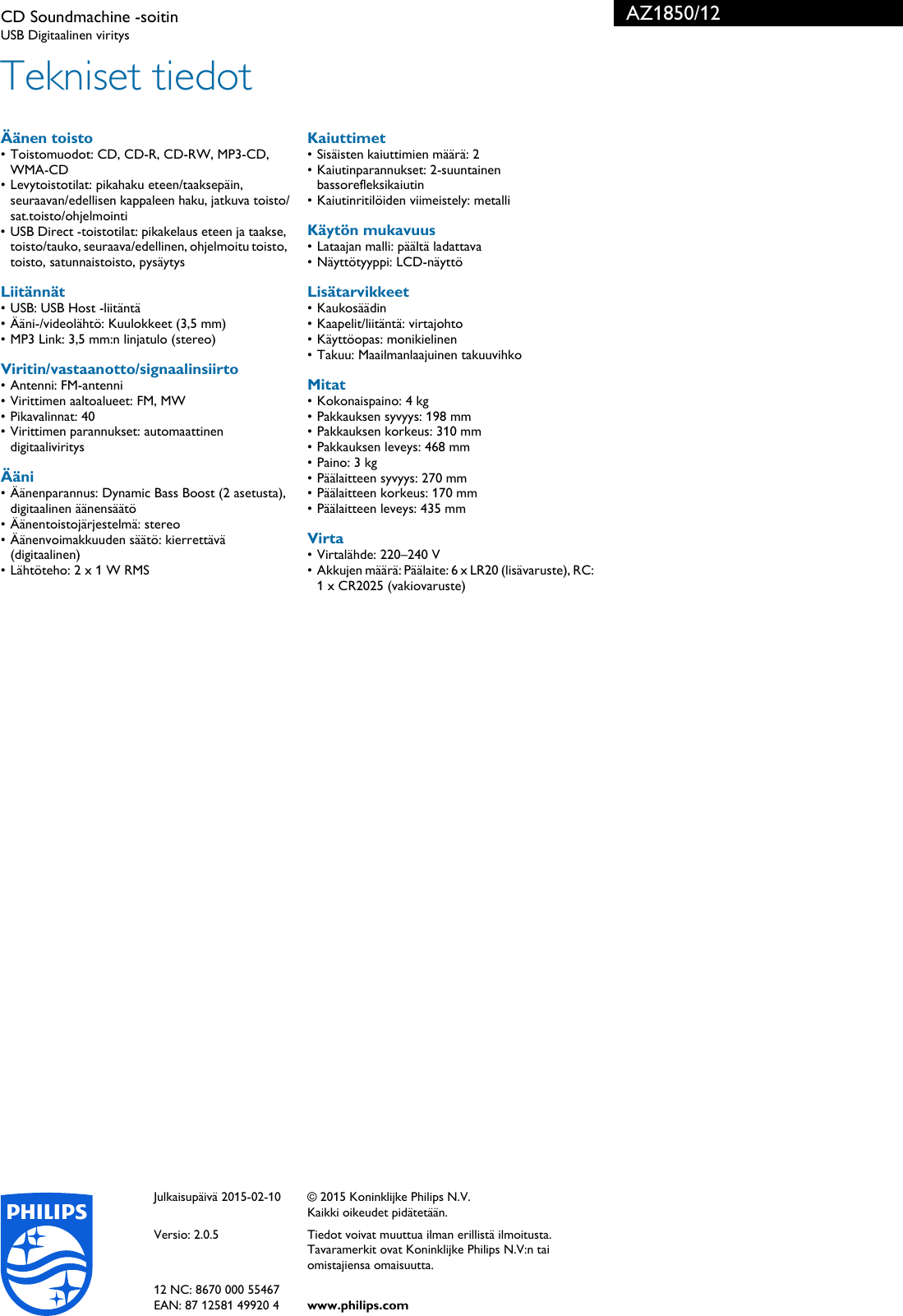 Philips AZ1850/12 CD Soundmachine soitin User Manual Esite Az1850 12 ...