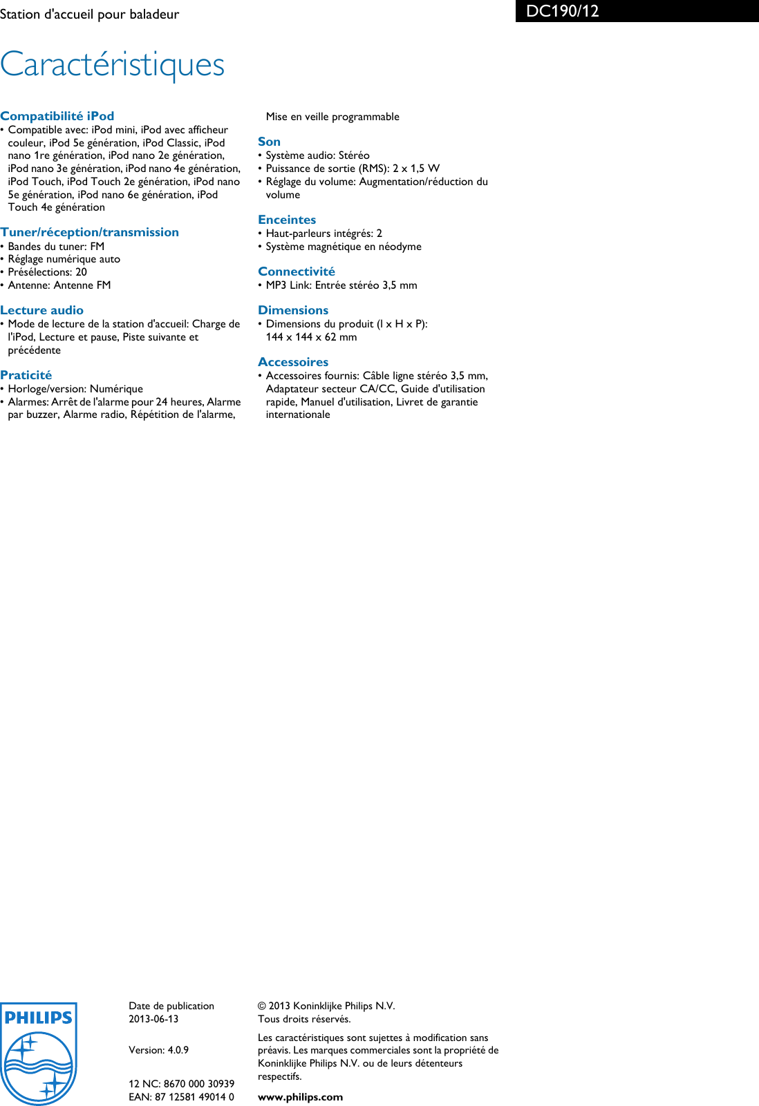 Philips DC190/12 Leaflet DC190_12 Released Belgium (French) User Manual ...