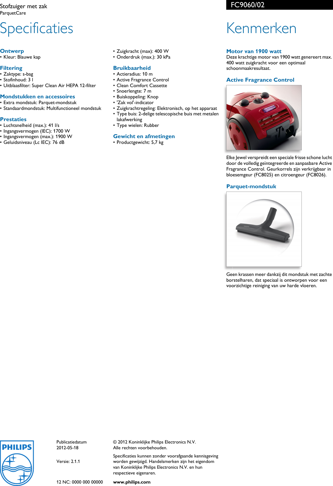 Philips FC9060/02 Stofzuiger Met Zak User Manual Brochure Fc9060 02 Pss ...