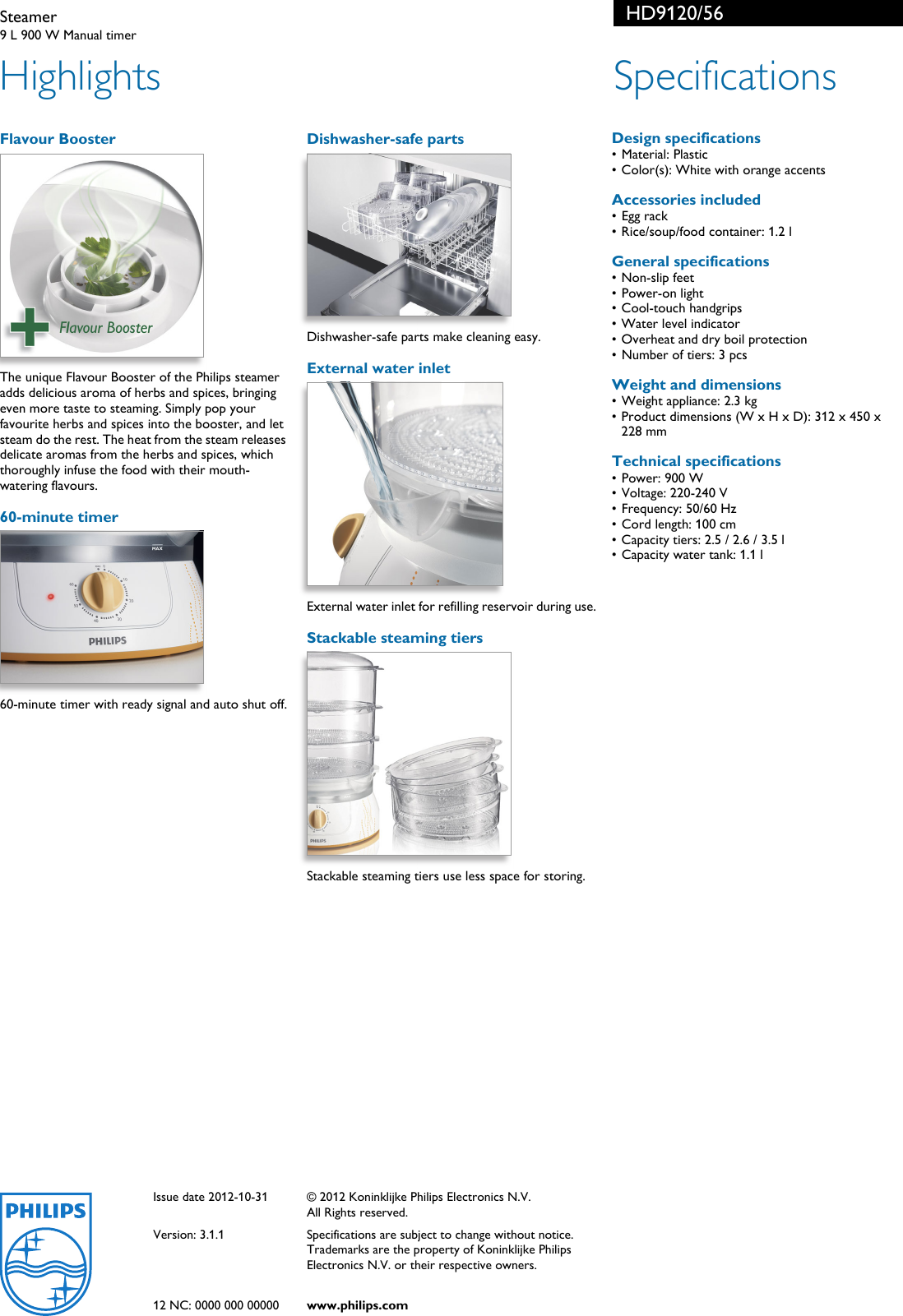 Philips HD9120 HD9120/56 Steamer User Manual Leaflet 56 Pss Aenhk