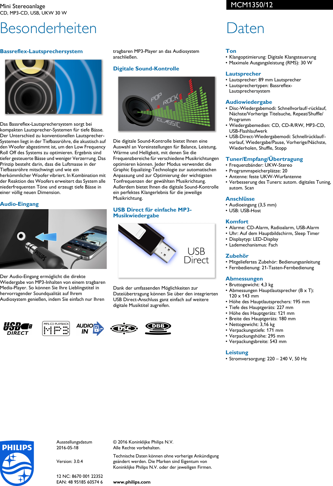 Philips MCM1350/12 Leaflet MCM1350_12 Released Switzerland (German) User Manual Datenblatt ...