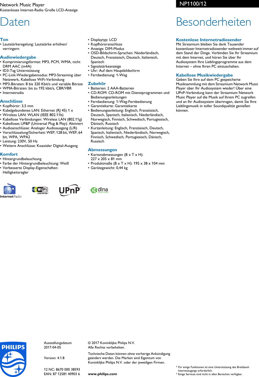 Philips NP1100/12 Network Music Player User Manual Datenblatt Np1100 12 ...