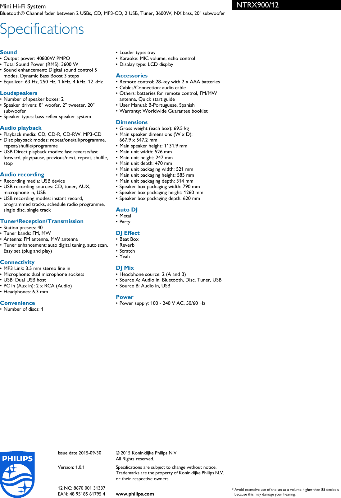 Philips NTRX900/12 Mini Hi Fi System User Manual Leaflet Ntrx900 12 Pss ...