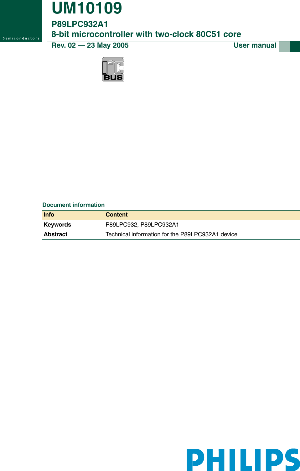 Philips 8 Bit Microcontroller With Two Clock 80C51 Core Um10109 Users Manual ..P89LPC932A1 ..8