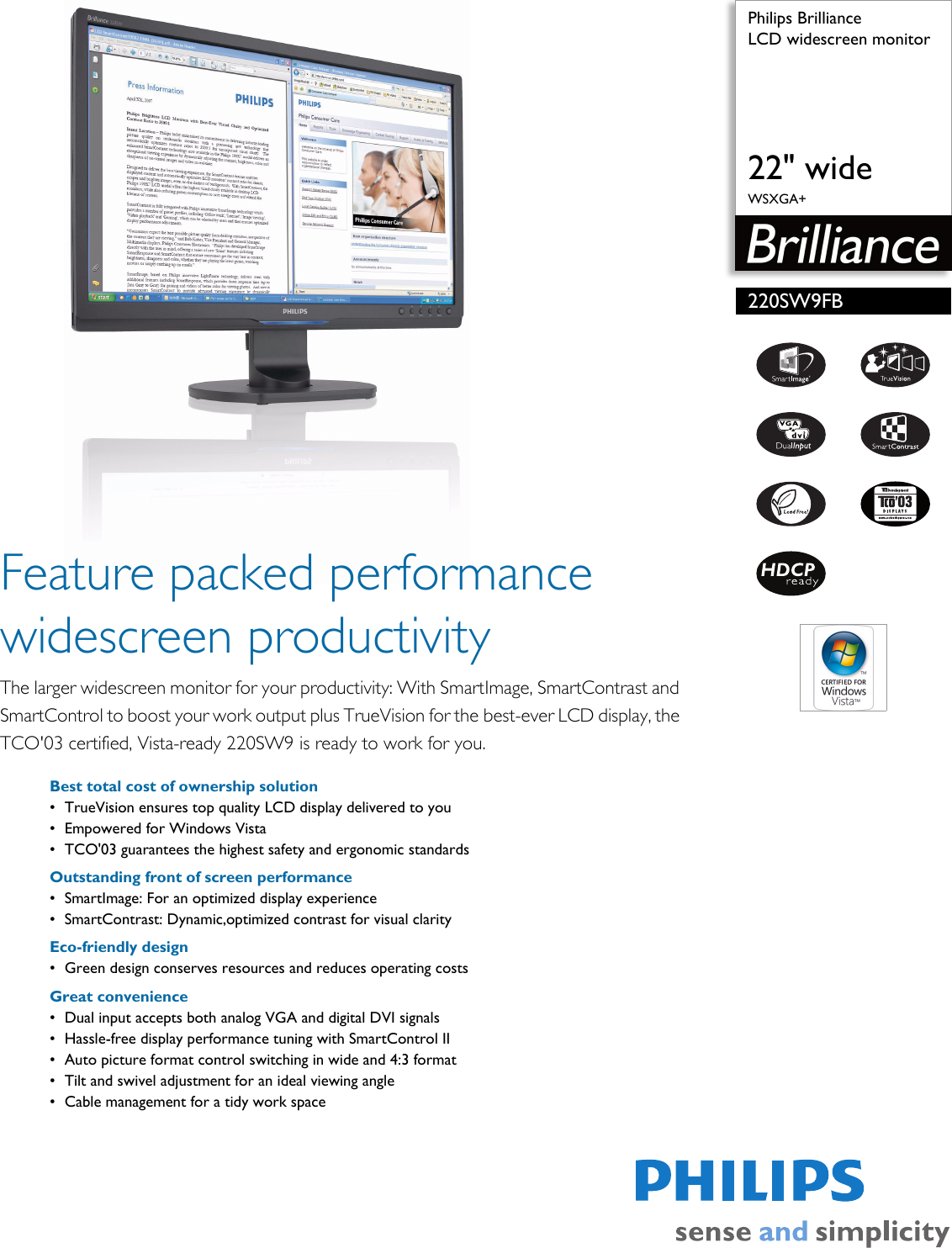 Philips Brilliance 220Sw9Fb Users Manual 220SW9FB/27 LCD Widescreen Monitor
