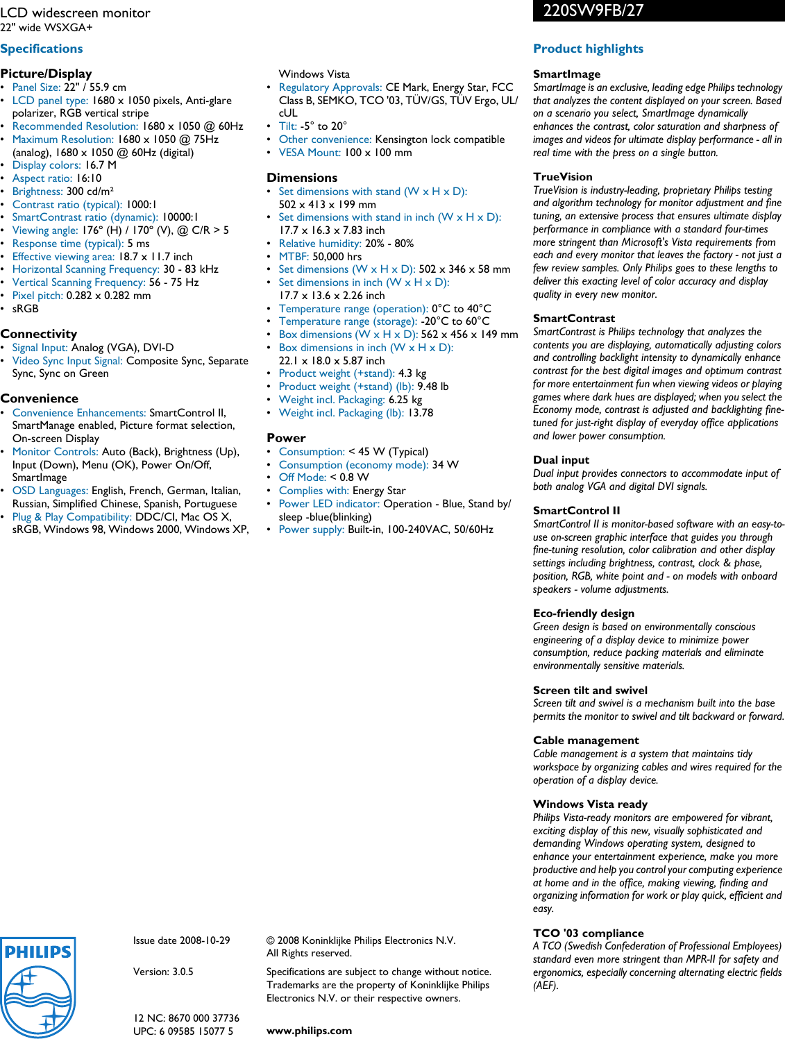 Philips Brilliance 220Sw9Fb Users Manual 220SW9FB/27 LCD Widescreen Monitor