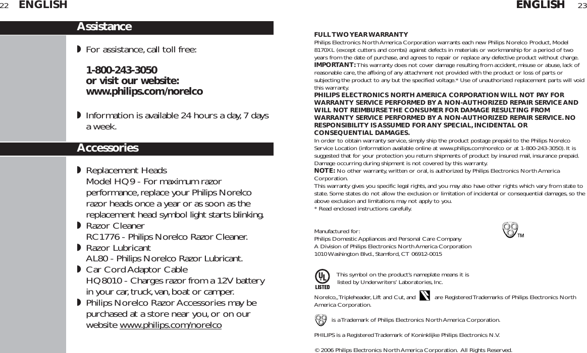 Philips Norelco 8170Xl Users Manual