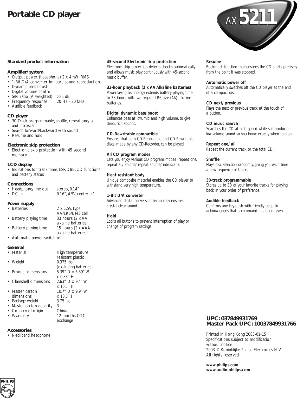 Philips LF_AX5211_usa Ax5211 07b Pss Engca