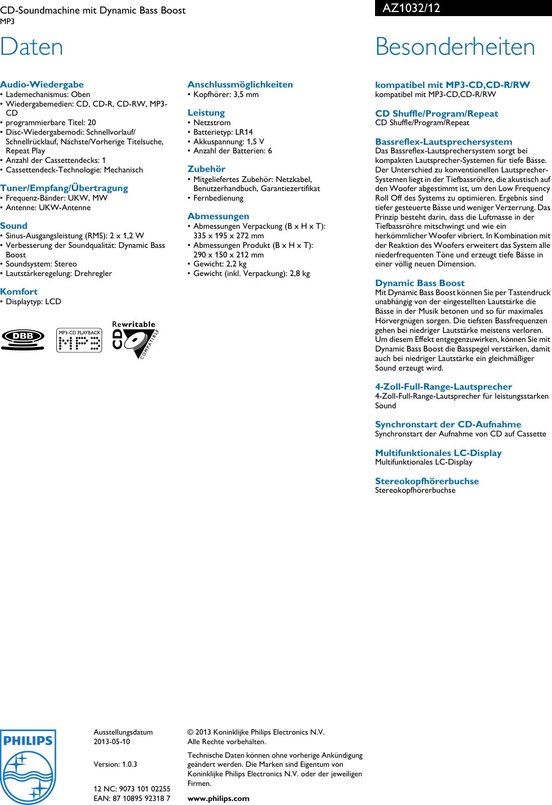 Philips AZ1032/12 CD Soundmachine Mit Dynamic Bass Boost ... Az1032 12 ...