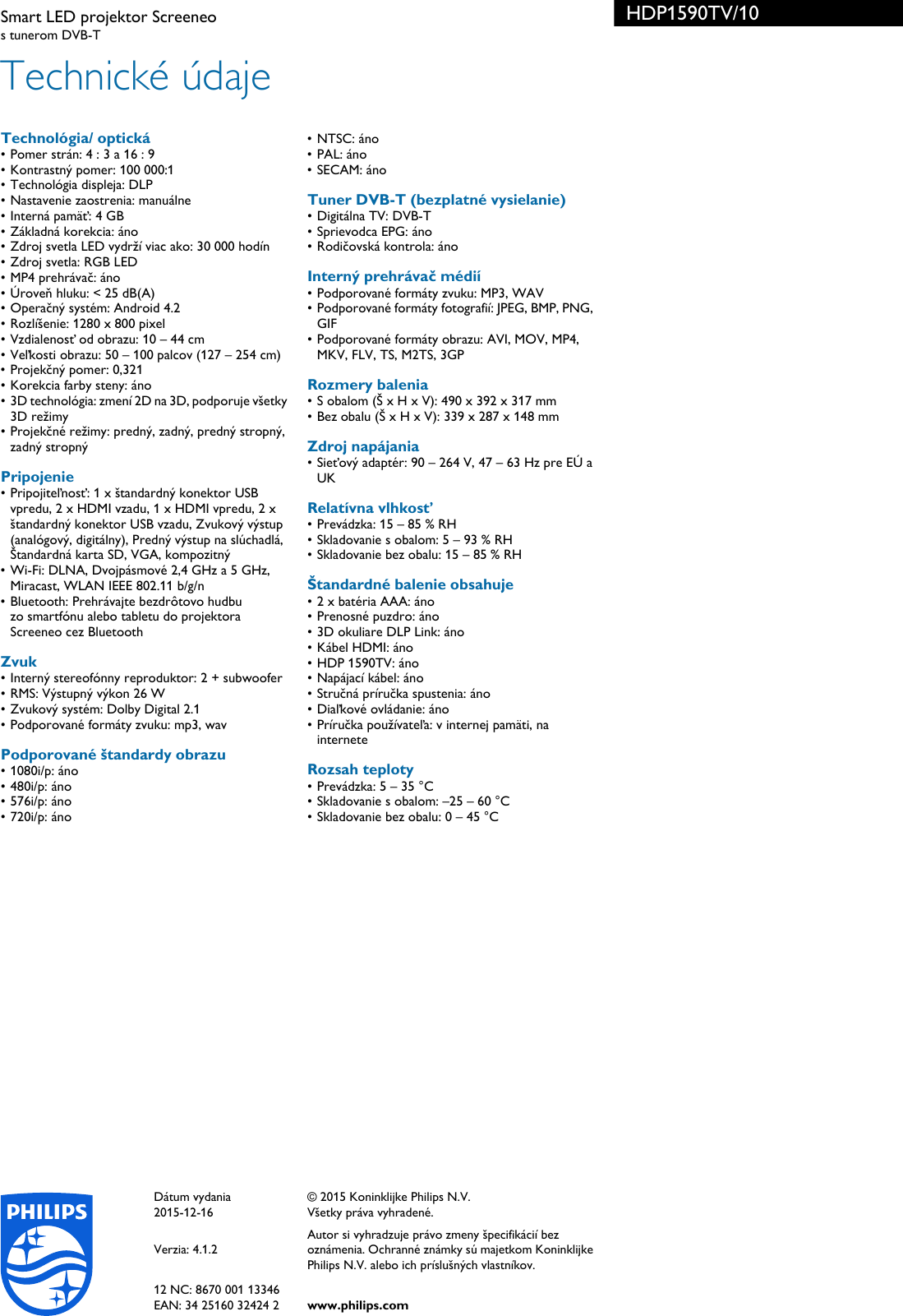 Philips HDP1590TV/10 Smart LED Projektor Screeneo Hdp1590tv 10 Pss Slksk