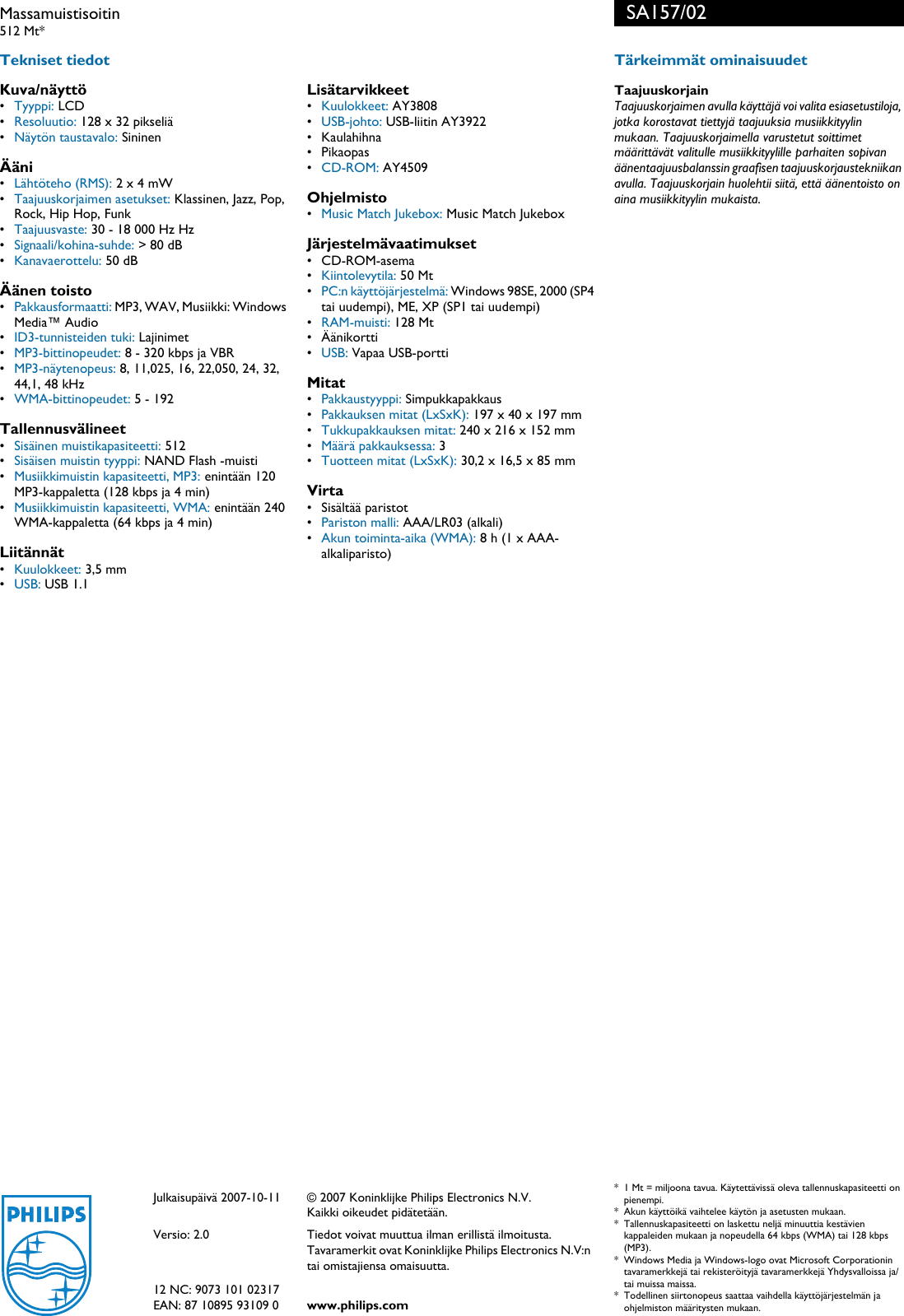 Philips SA157/02 Massamuistisoitin Sa157 02 Pss Finfi