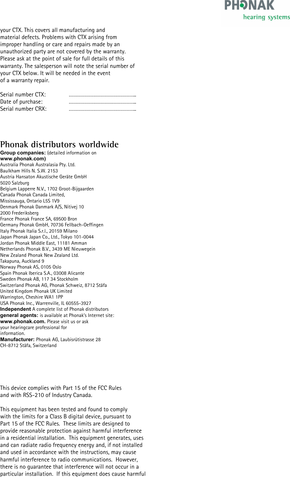 Phonak CTX Low Power inductive Transmitter User Manual