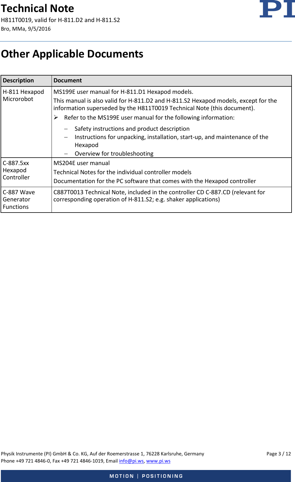 Physik Instrumente H811T0019 Tech Note H 811 D2 S2 01