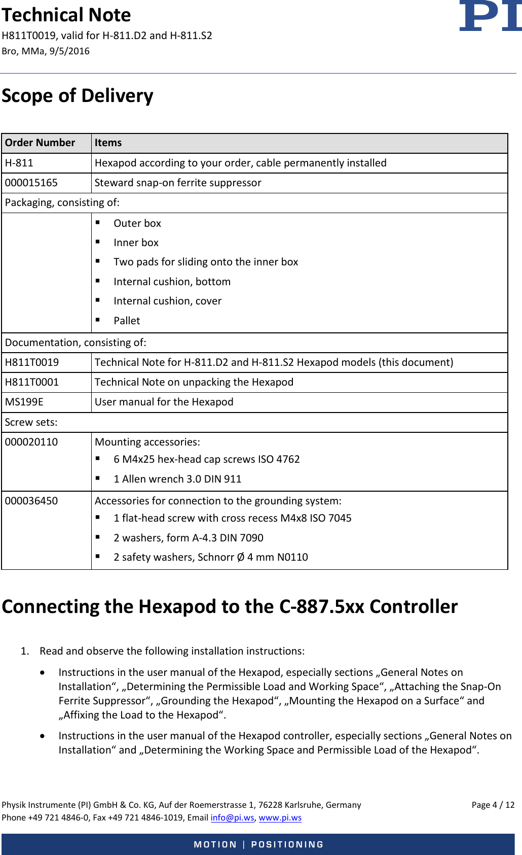 Physik Instrumente H811T0019 Tech Note H 811 D2 S2 01