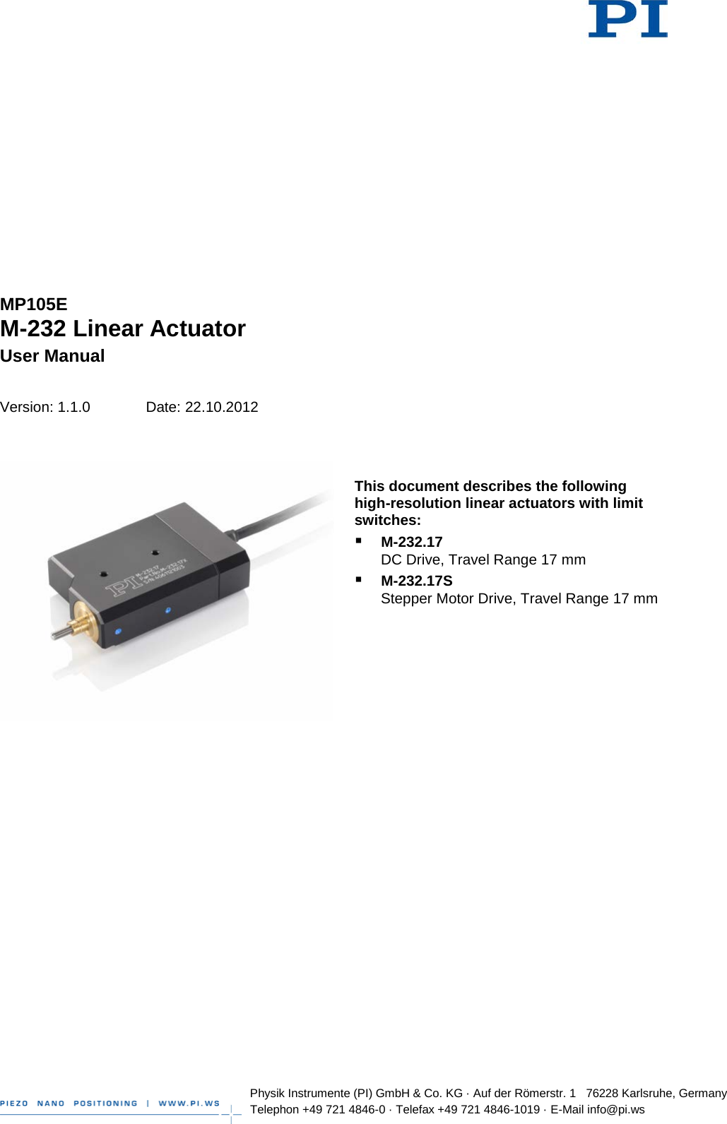 Physik Instrumente M­232 Linear Actuator M 232 User Manual MP105E110