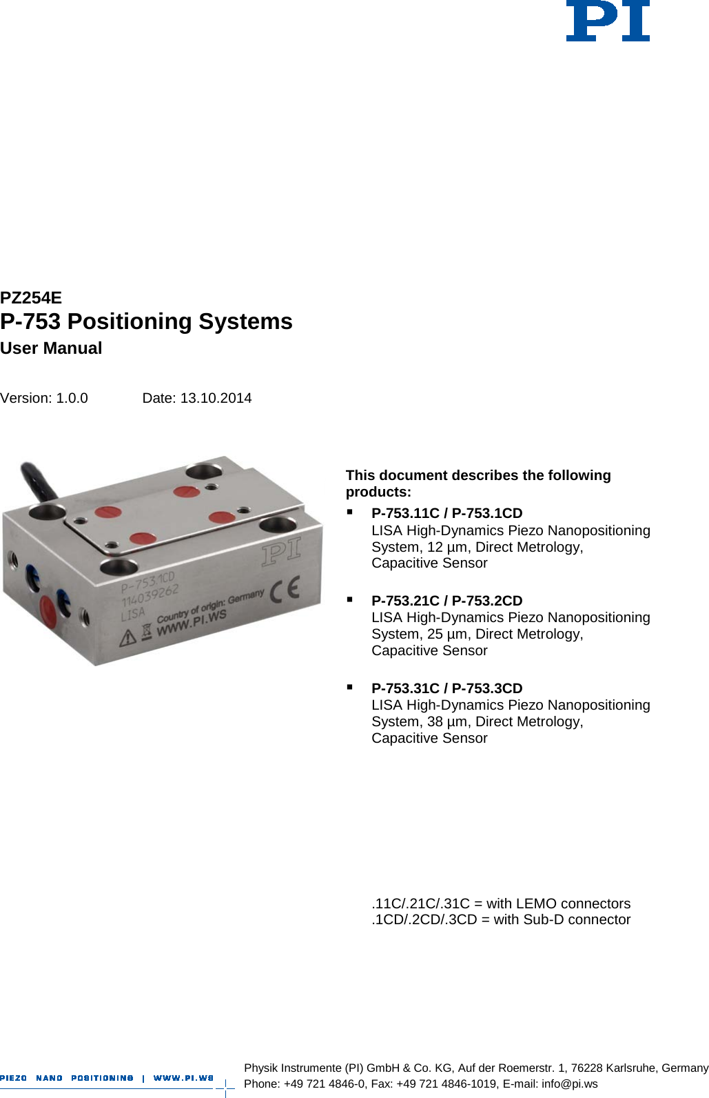 Physik Instrumente P­753 Positioning Systems P 753 User Manual PZ254E100