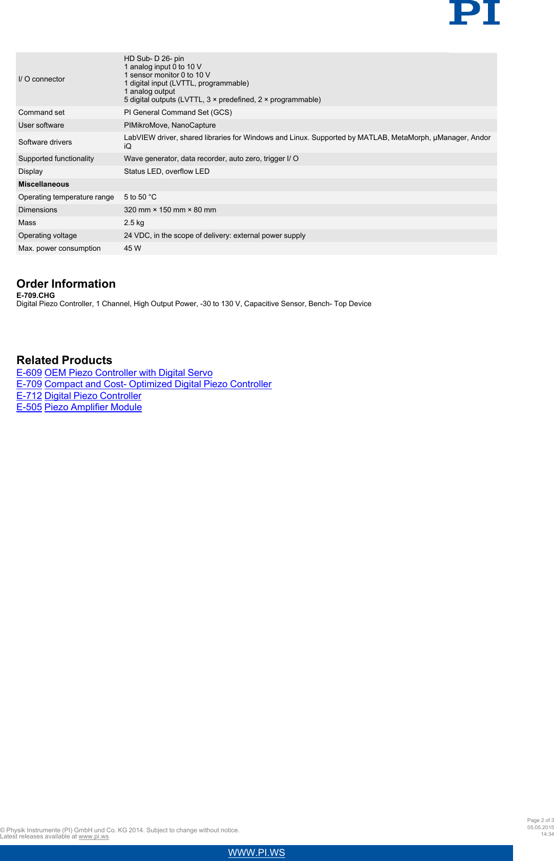 Physik Instrumente PI Data Sheet E 709 CHG 42129