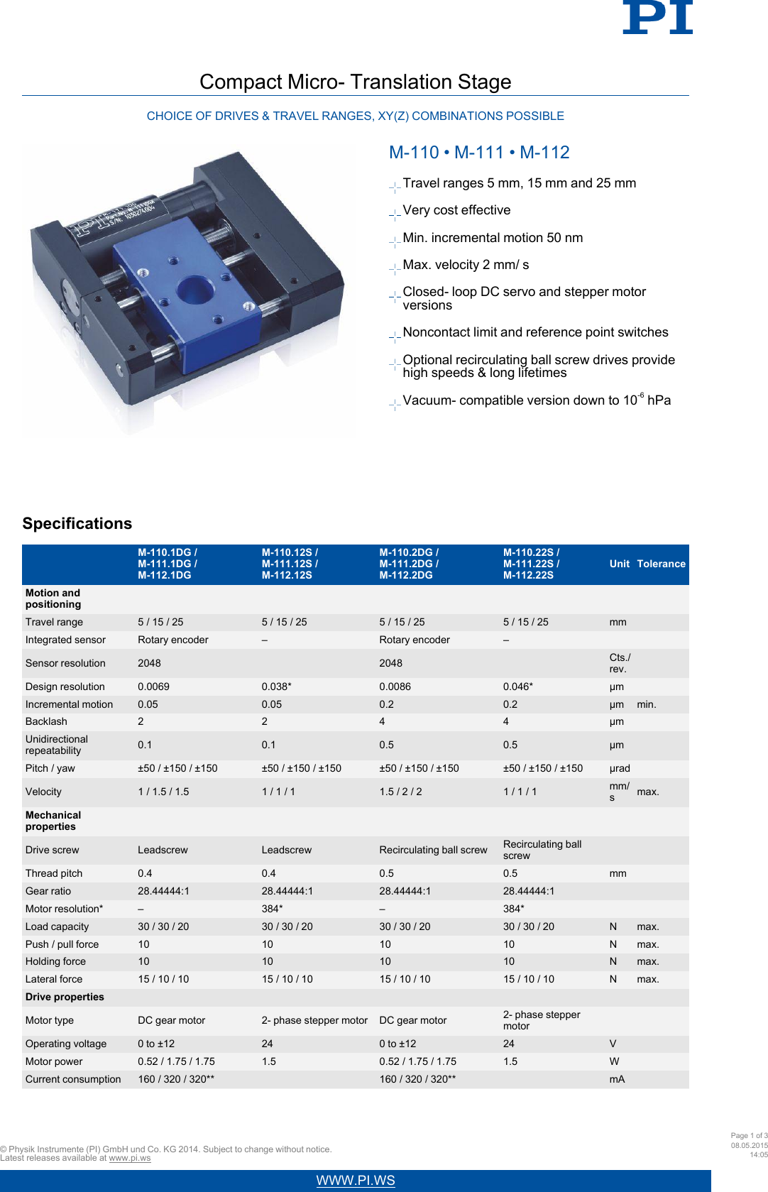 Physik Instrumente PI Data Sheet M 110 111 112 42132