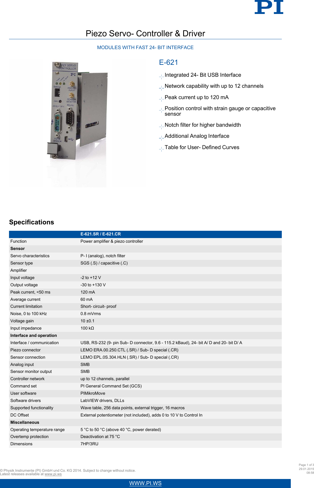 Physik Instrumente PI Datasheet E 621 20150121