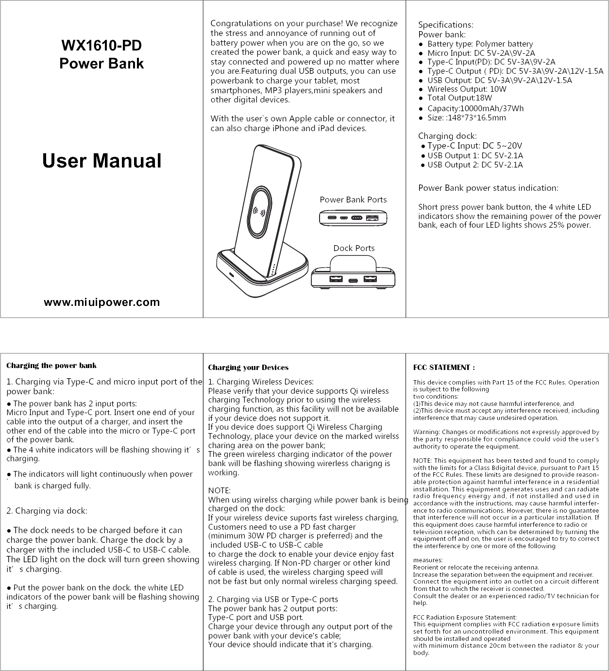 Pilot Technology WX1610-PD Power Bank User Manual WX1610PD