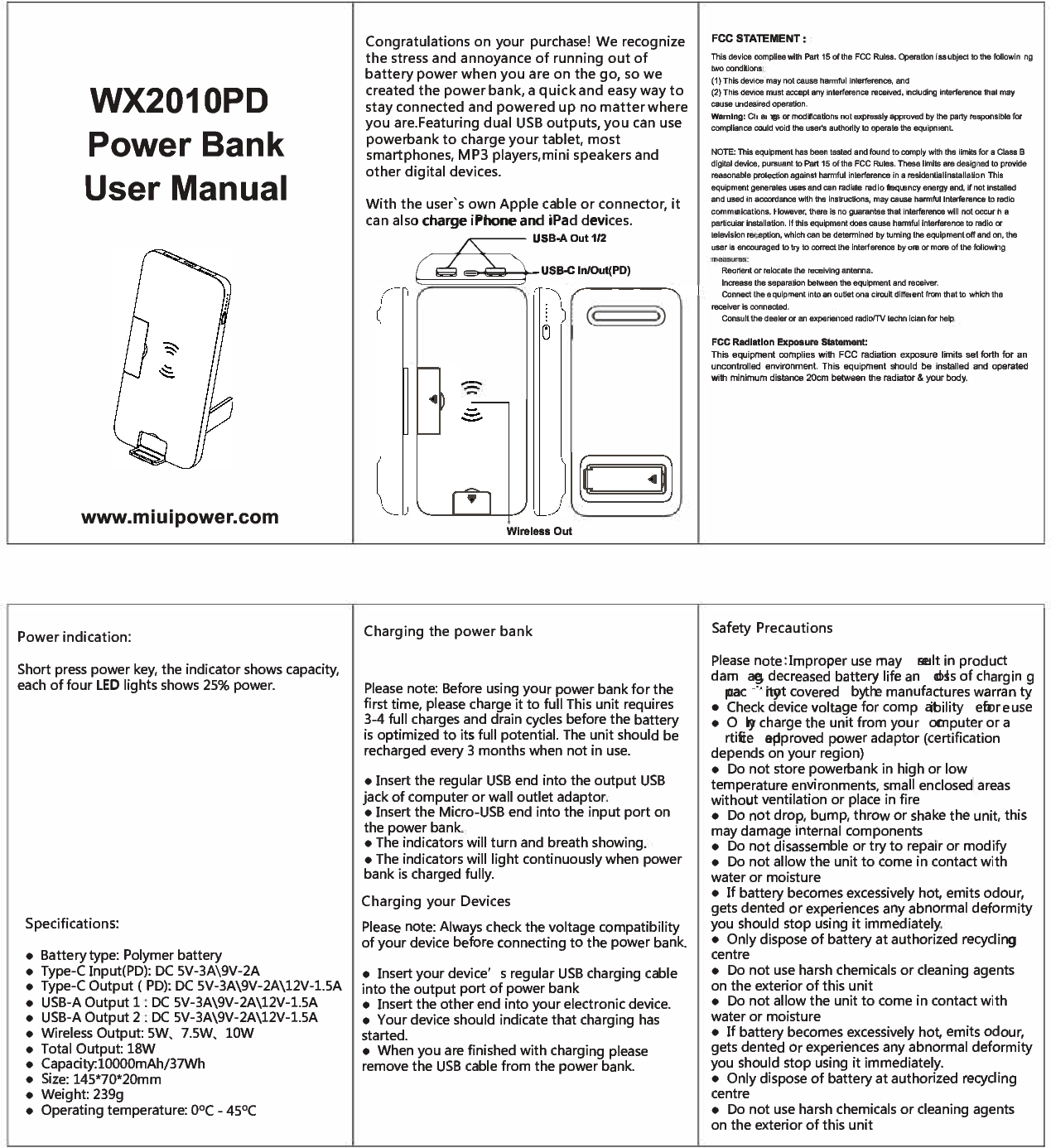 Pilot Technology WX2010-PD Wireless Power Bank User Manual WX2010 PD