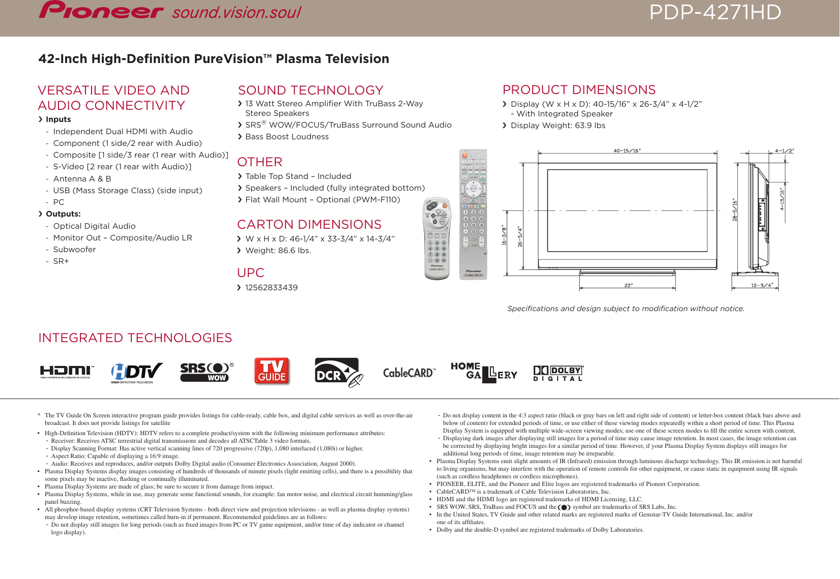 Pioneer Pure Vision Pdp 4271Hd Users Manual