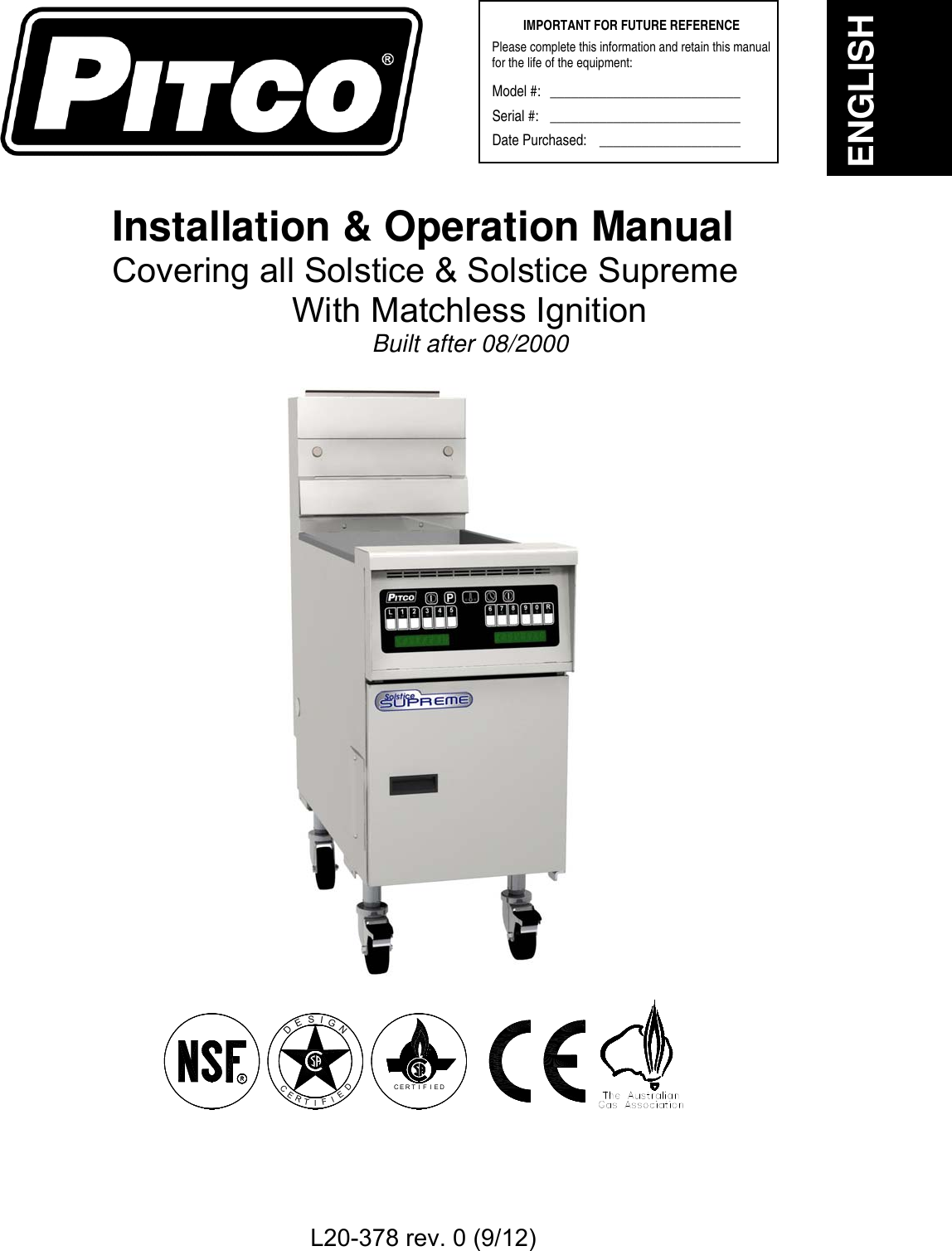 Pitco Frialator L20 378 Users Manual R0 SG SSH I&O