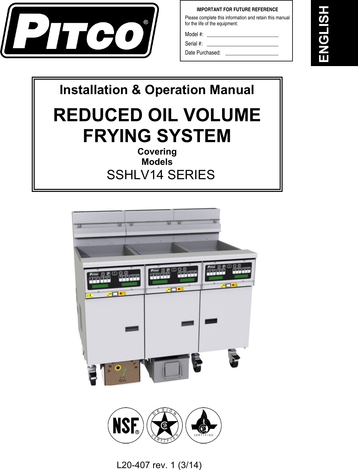Pitco Frialator Reduced Oil Volume Frying System Sshlv14 Users Manual ...