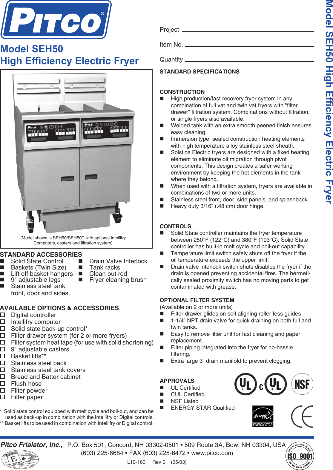 Pitco Frialator Seh50 Users Manual L10 160 Rev 0