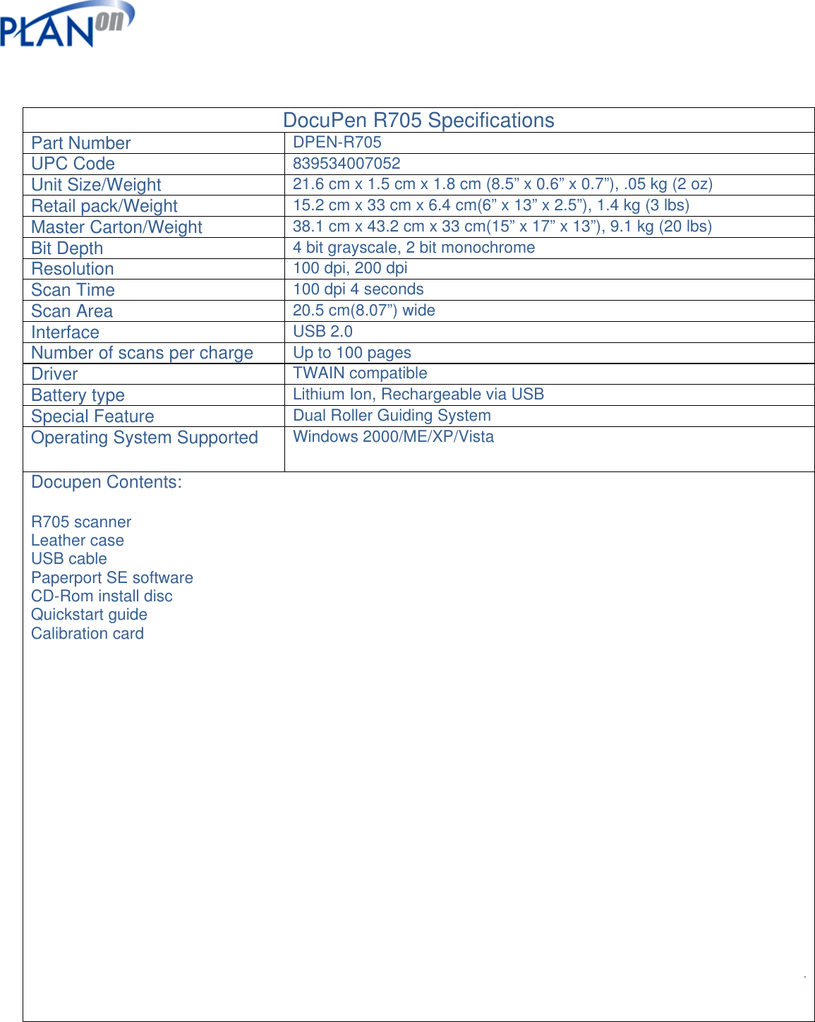 Planon System Solutions Docupen R705 Users Manual Setup Sheet