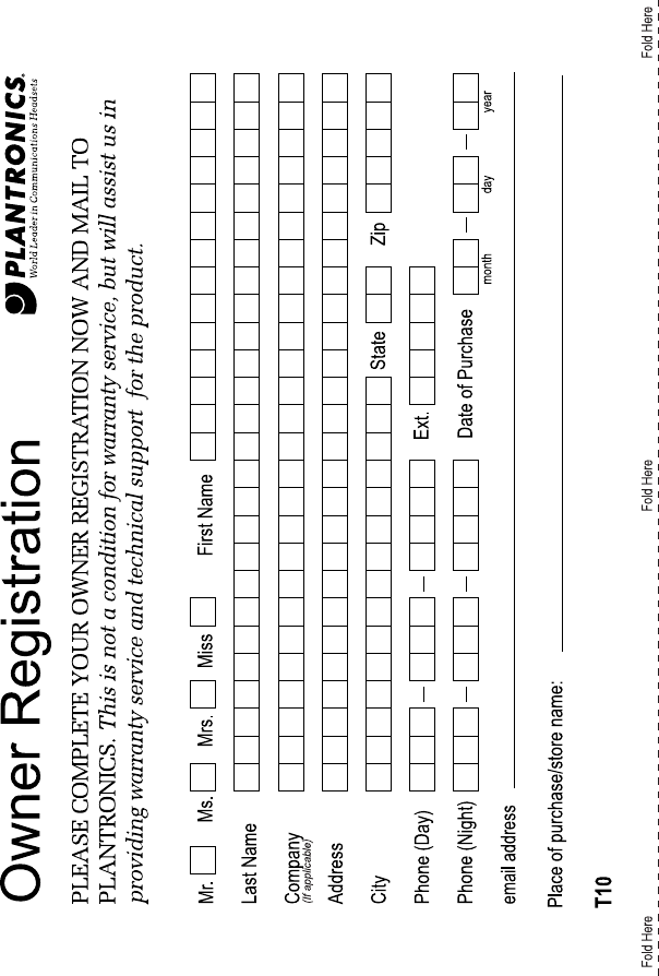 Plantronics T10 Owners Manual User Guide