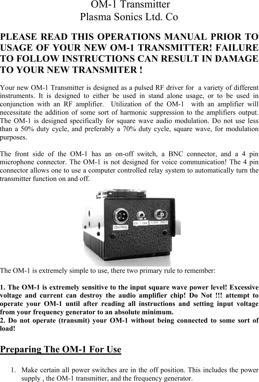 Plasma Sonics OM-1 Over modulated pulsed output ISM User Manual 419786