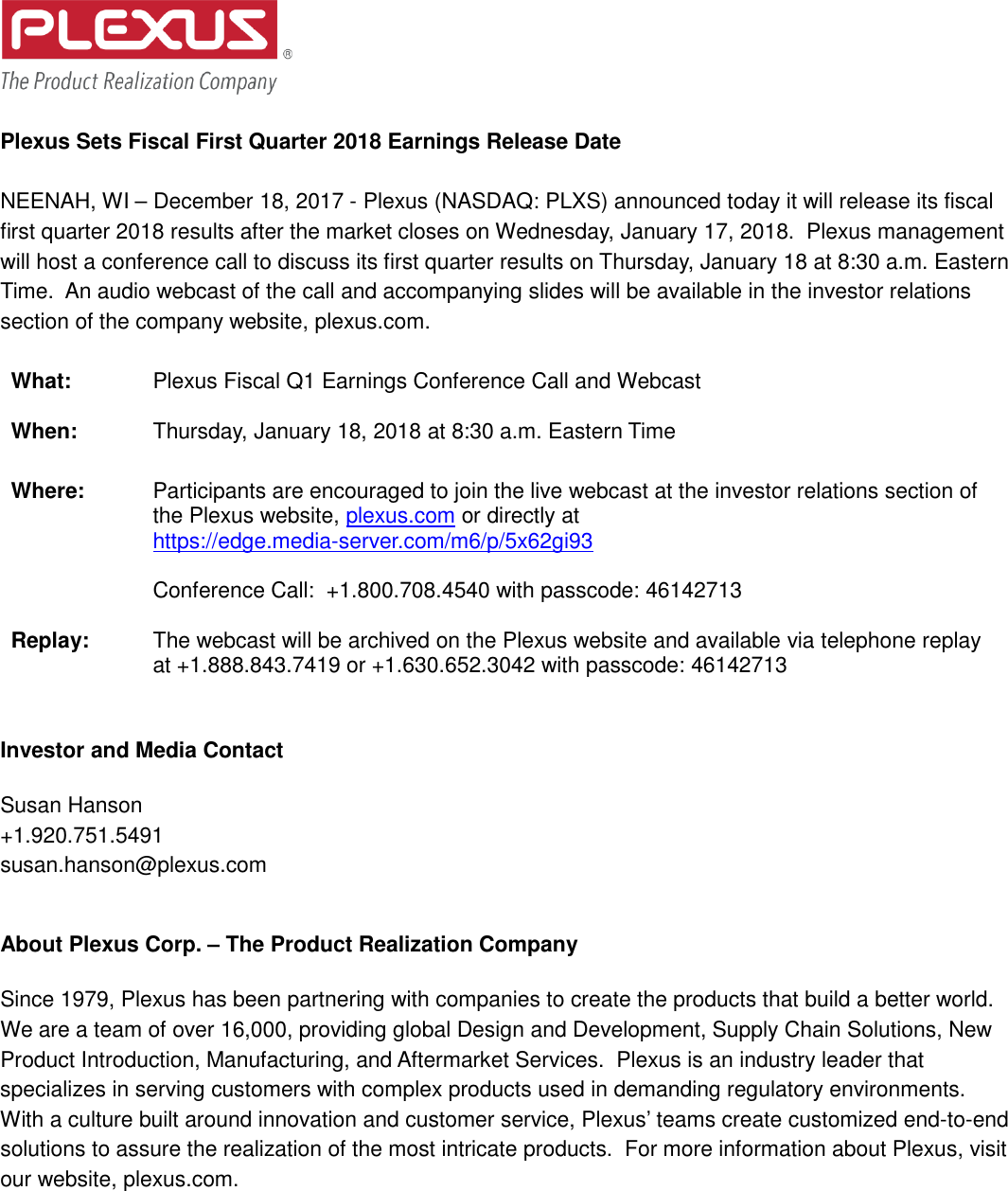 Plxs Q1f18 webcast notification release