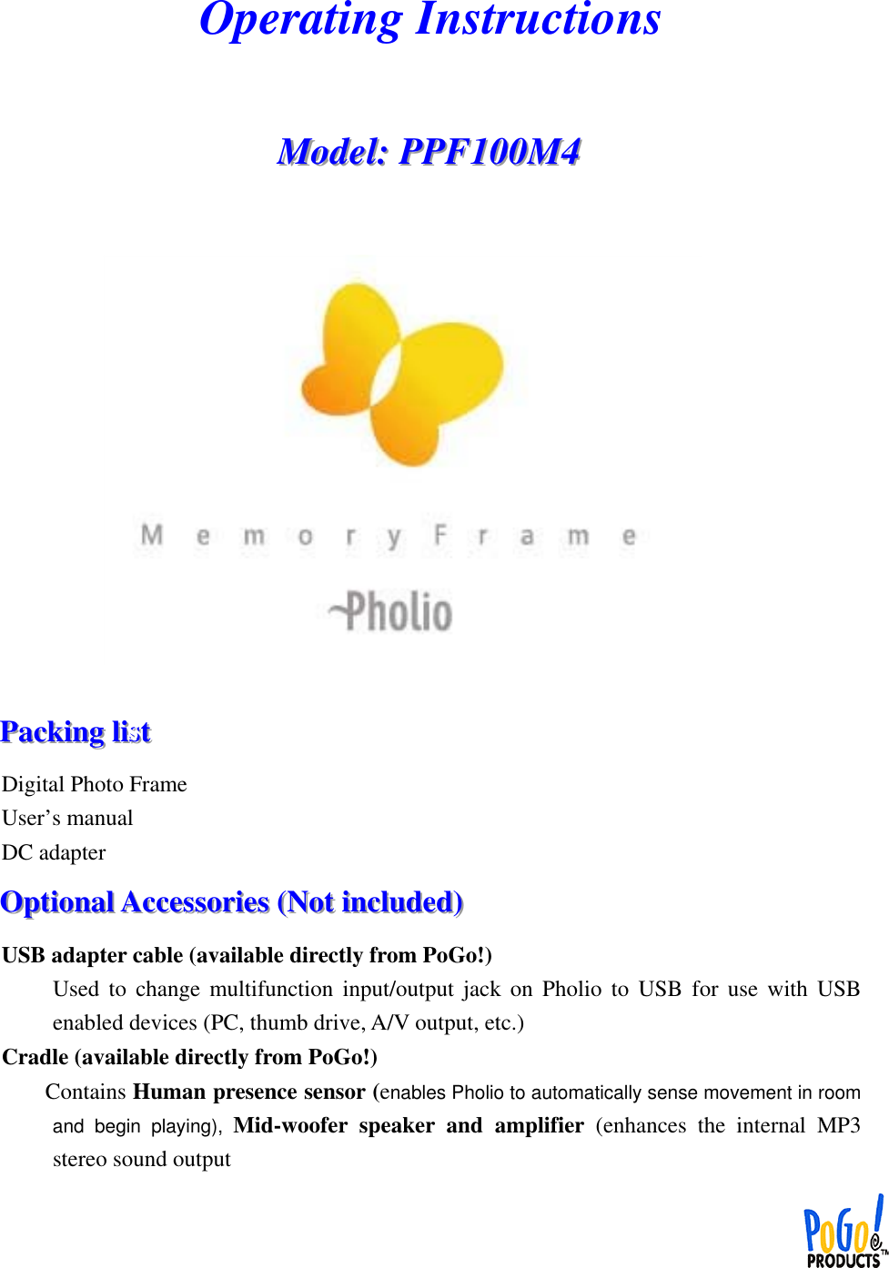 Pogo Products Ppf100M4 Users Manual Pholio