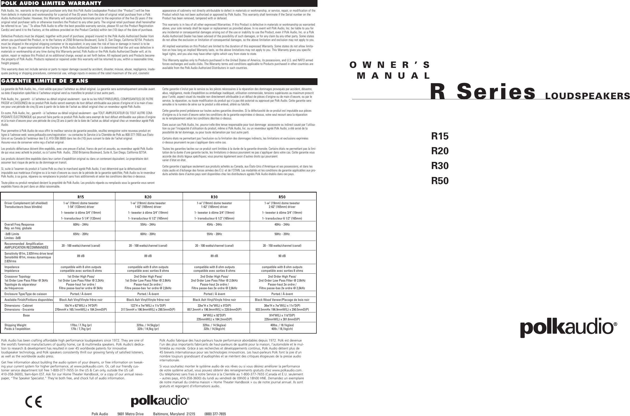 Polk Audio R Series Loudspeakers R15 Users Manual R15,20,30,50Manual.qk