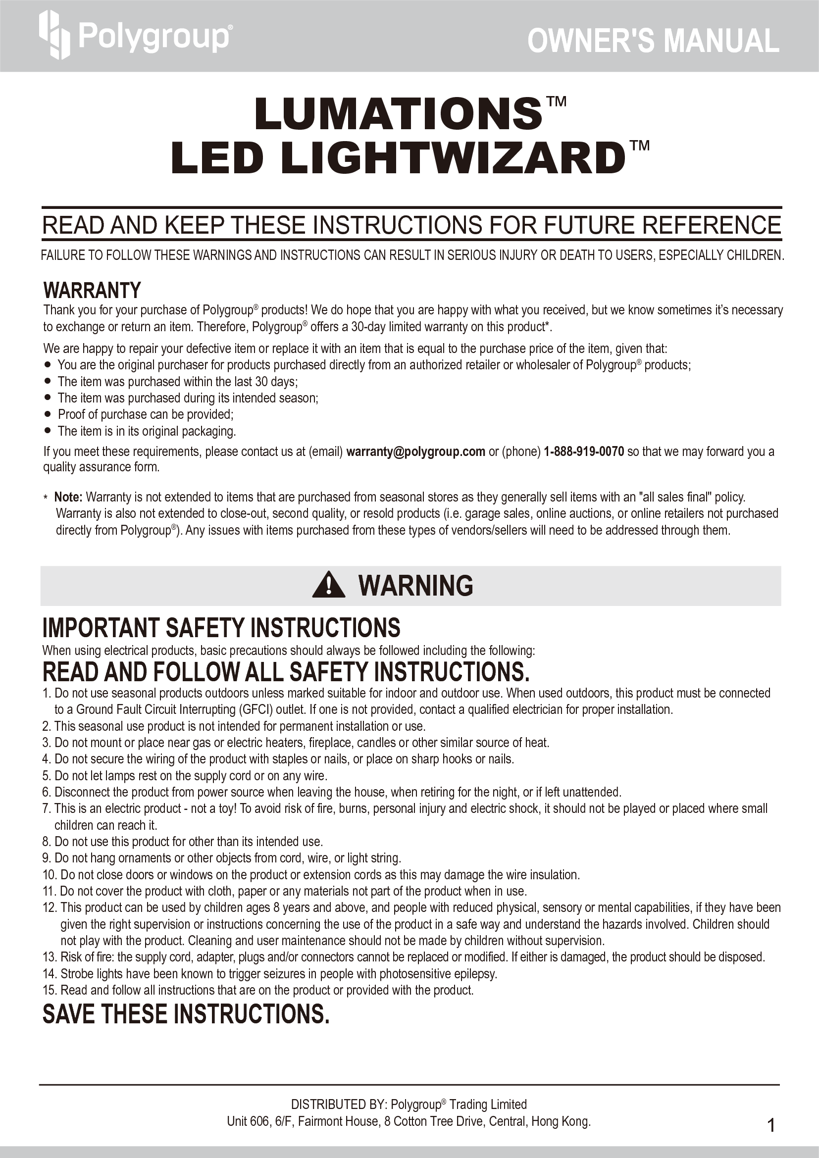 Polygroup PDT0103V Controller User Manual LED LightWizard Lights 1 0 US ...