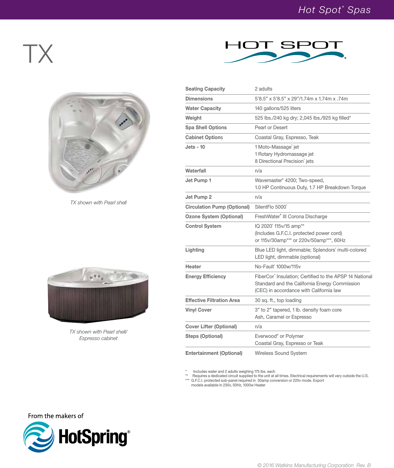 Pools Spas 2016 Hot Spot Tx Spec Sheet User Manual