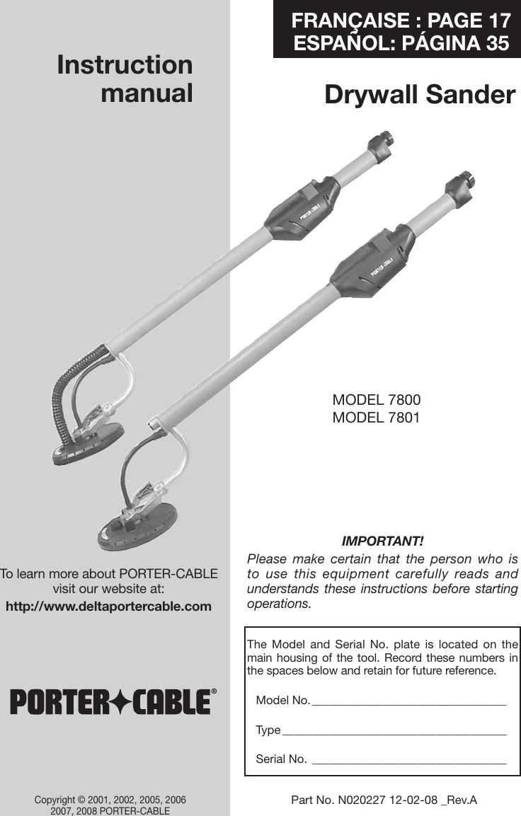 Porter Cable N020227 Users Manual
