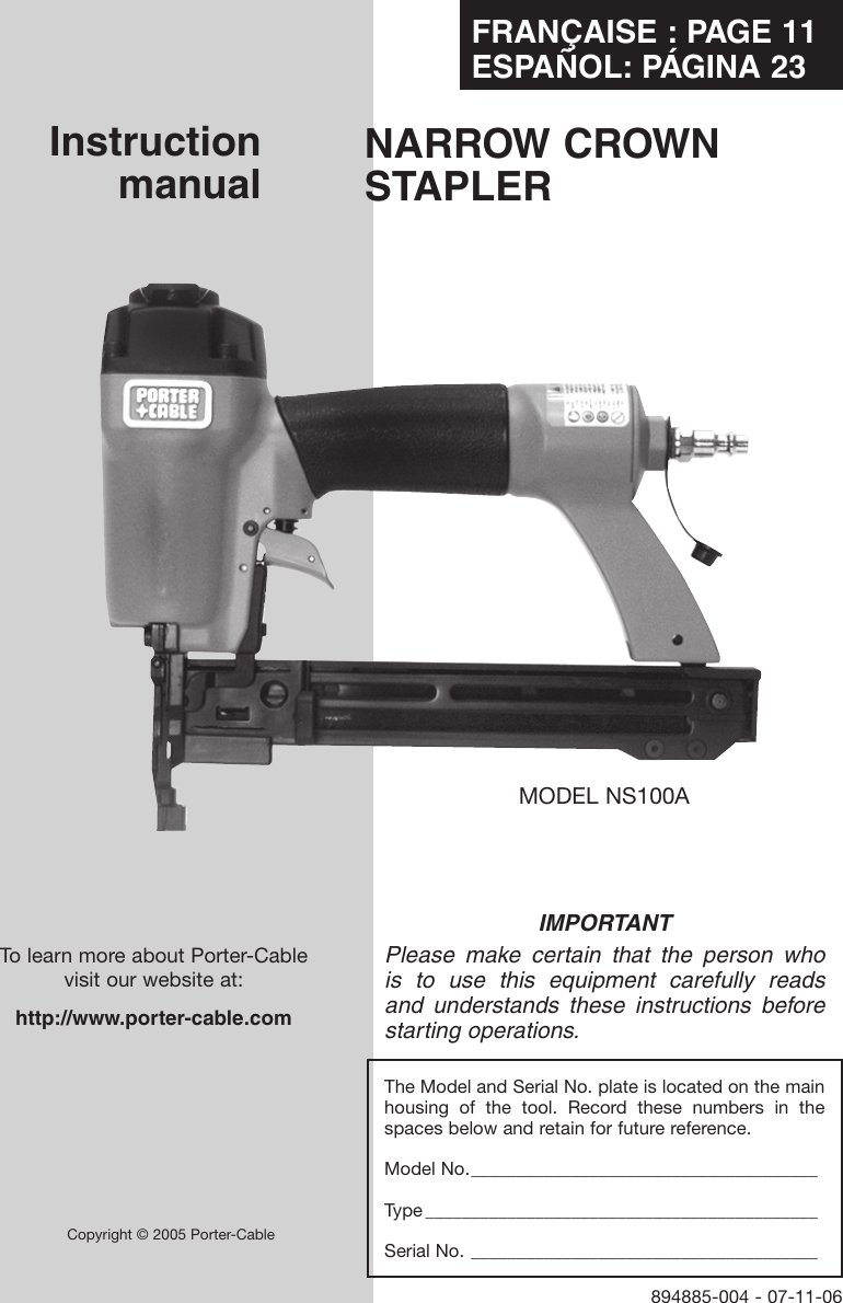 Porter Cable Ns100A Users Manual 894885 004 07 11 06